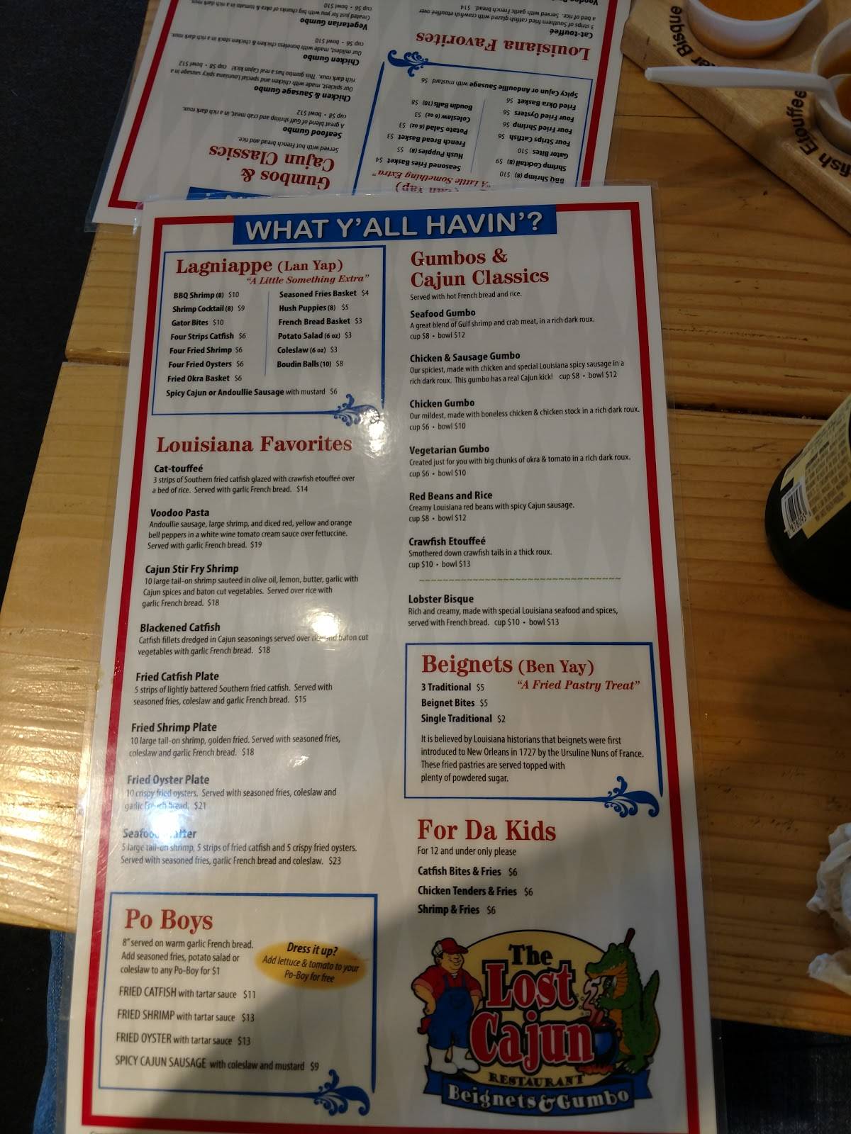 Menu at The Lost Cajun restaurant, Pagosa Springs