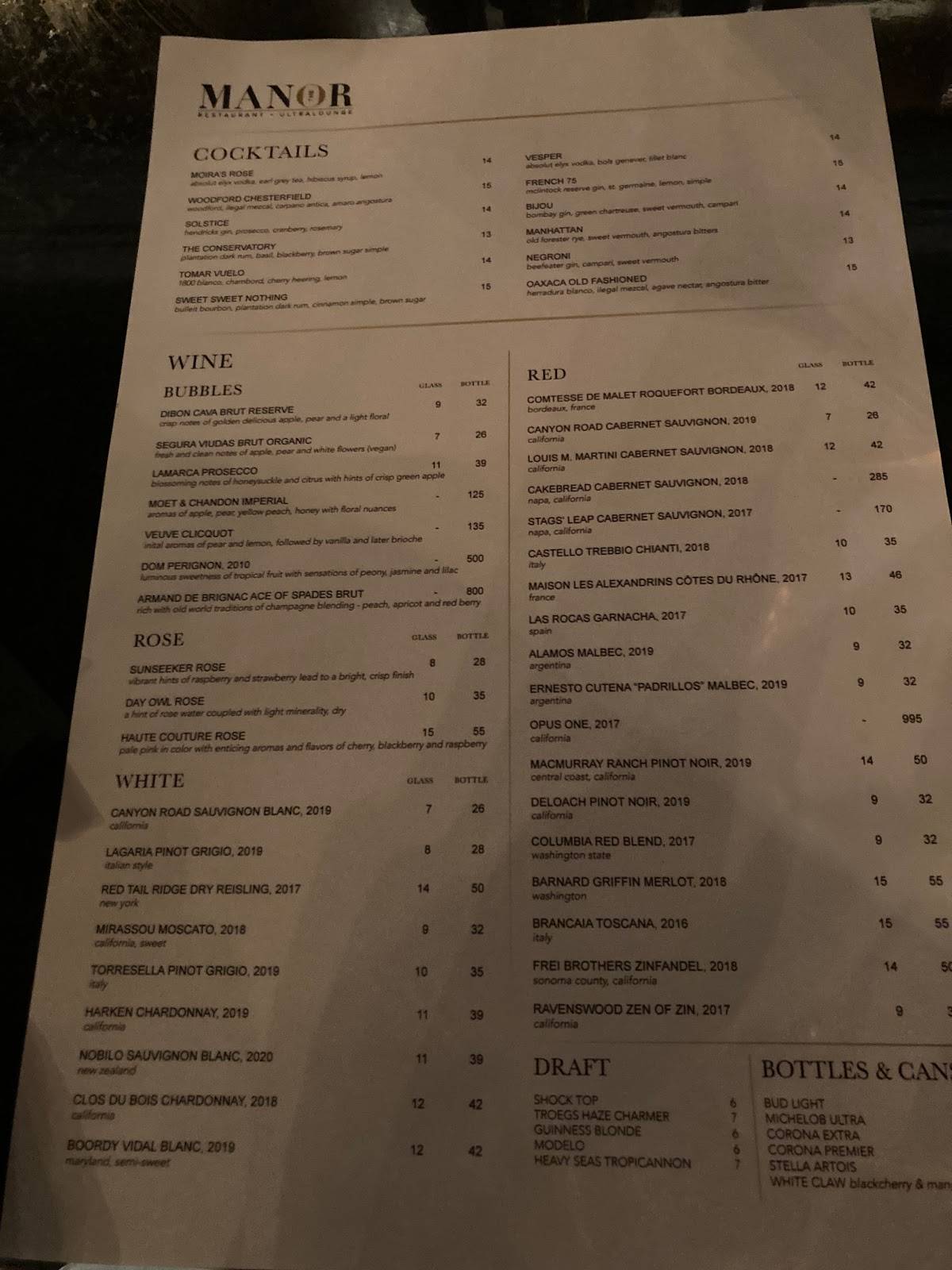 Menu at The Manor restaurant, Baltimore