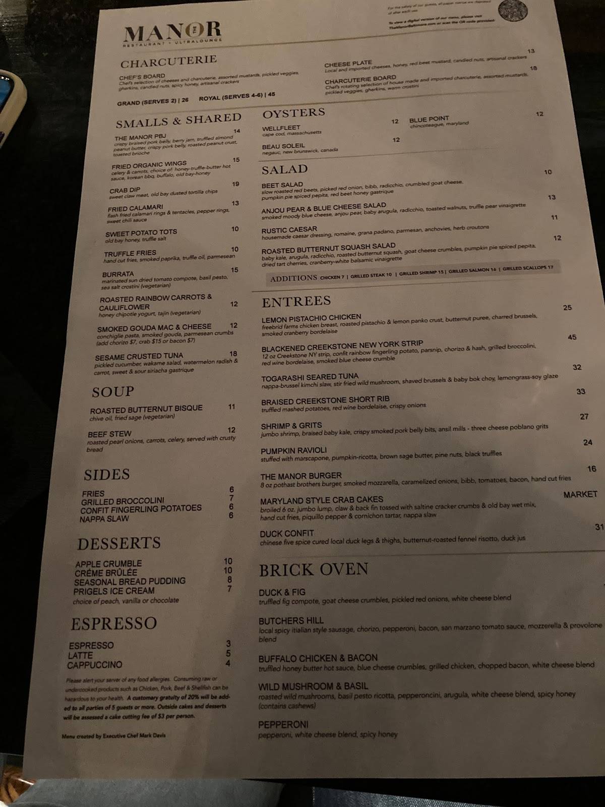 Menu at The Manor restaurant, Baltimore