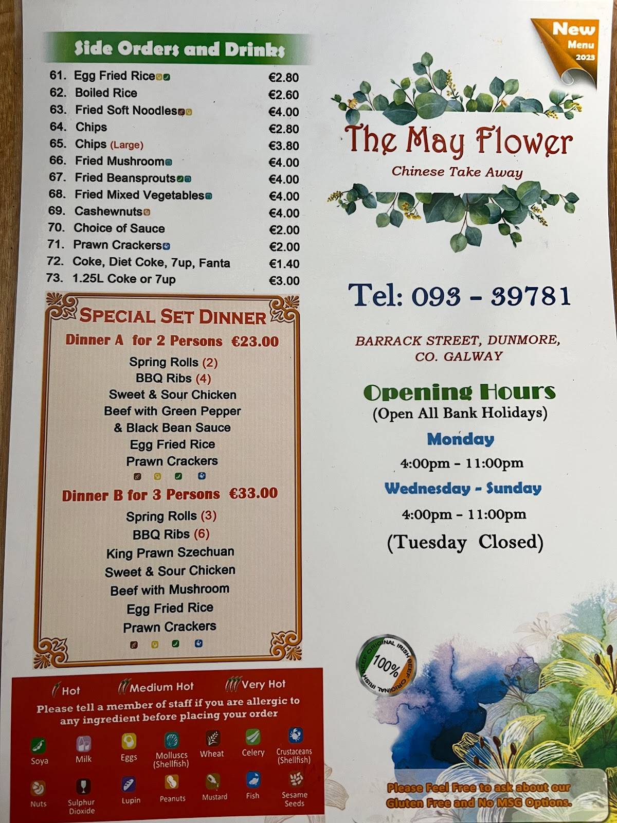 Menu at The Mayflower Chinese and Thai takeaway restaurant, Ireland