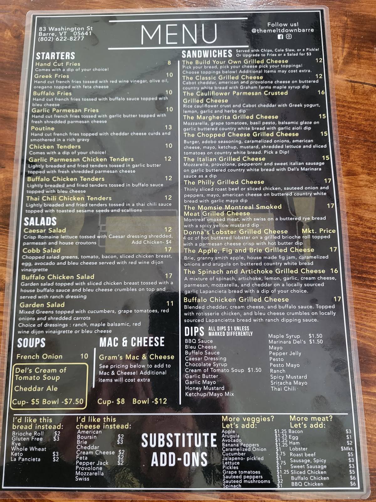 Menu at The Meltdown Grilled Cheese and Tap Room pub & bar, Barre