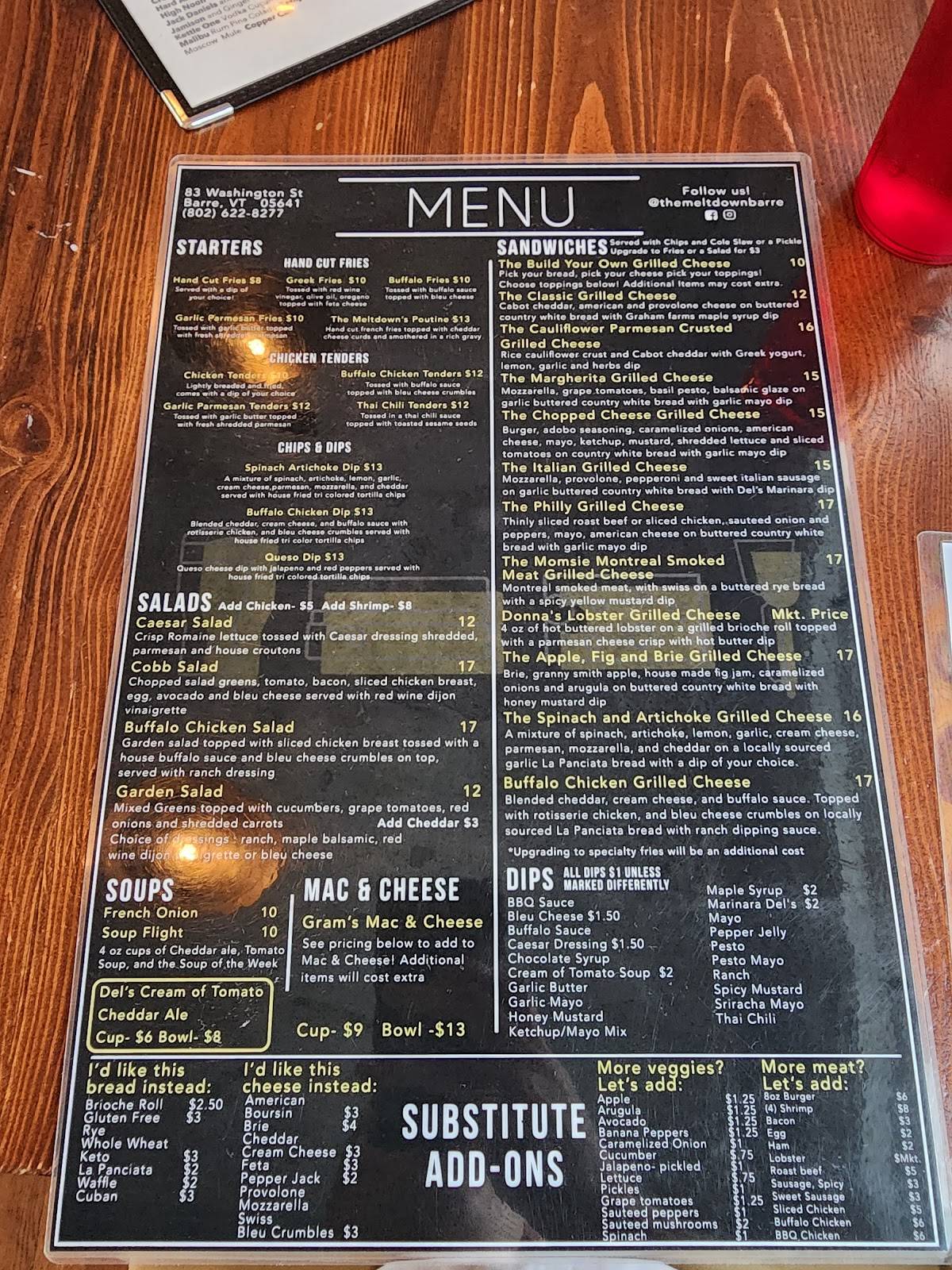 Menu at The Meltdown Grilled Cheese and Tap Room pub & bar, Barre