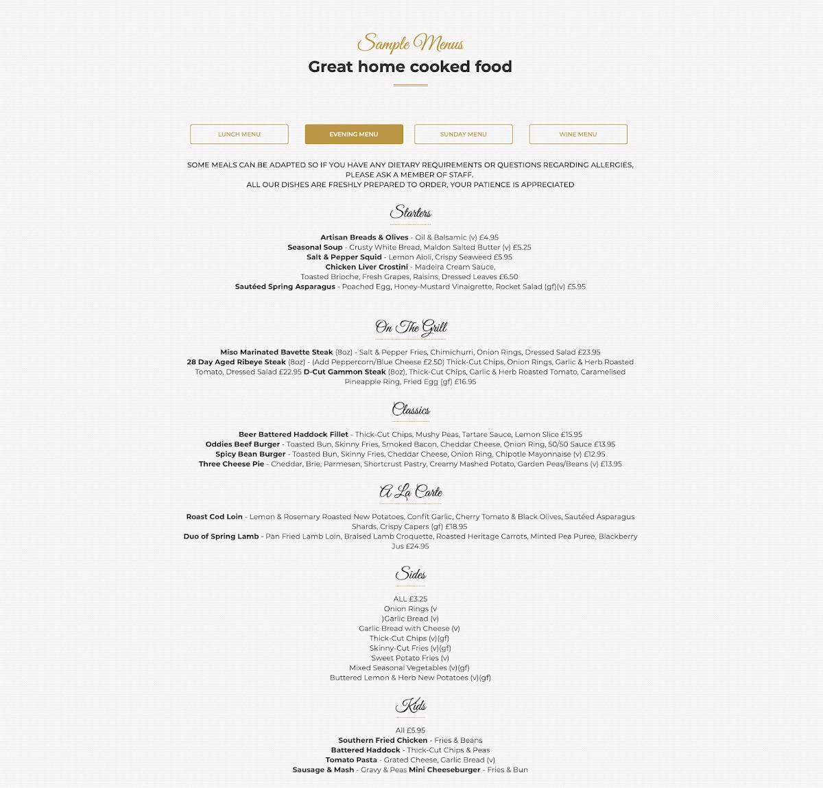 Menu at The Oddfellows Arms Mellor pub & bar, Mellor