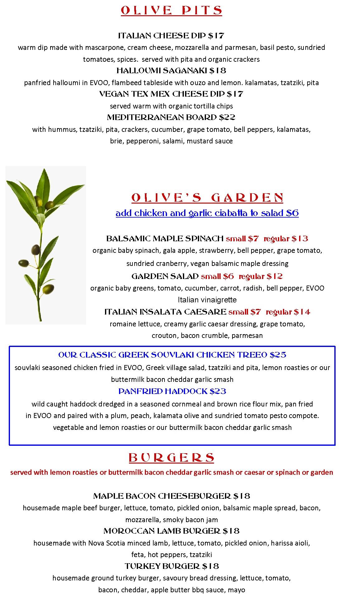 Menu at The Olive Tree restaurant, Sydney
