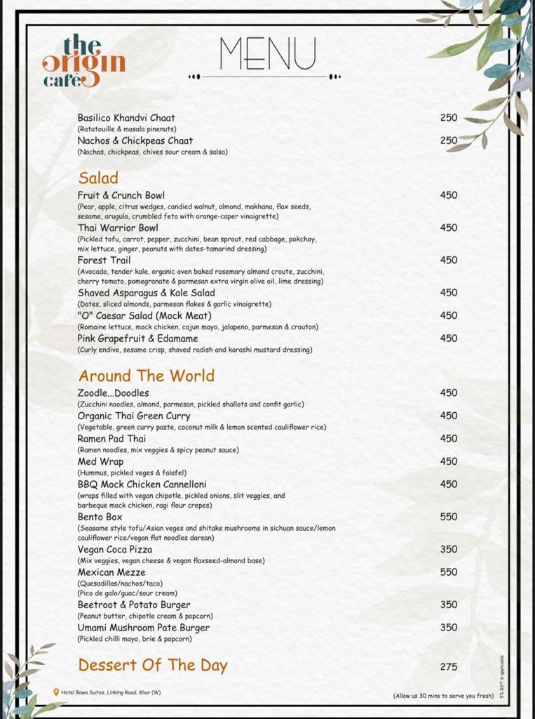 Menu at The Origin Cafe, Mumbai
