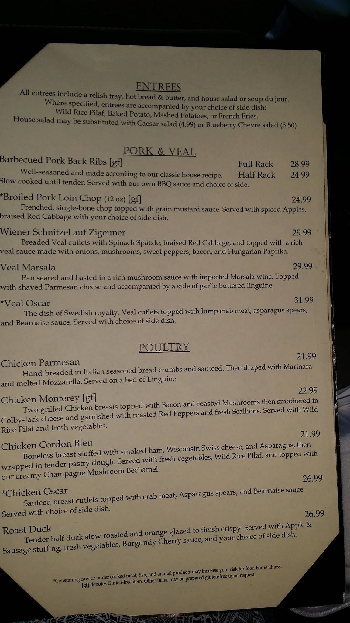 Menu at The Packing House steakhouse, Milwaukee