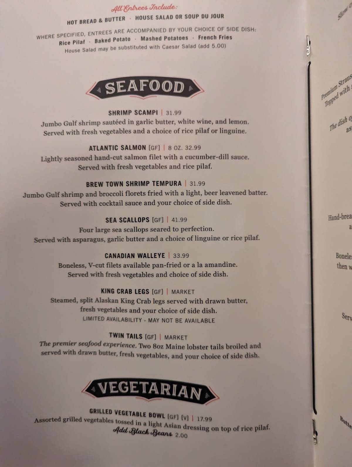 Menu at The Packing House steakhouse, Milwaukee