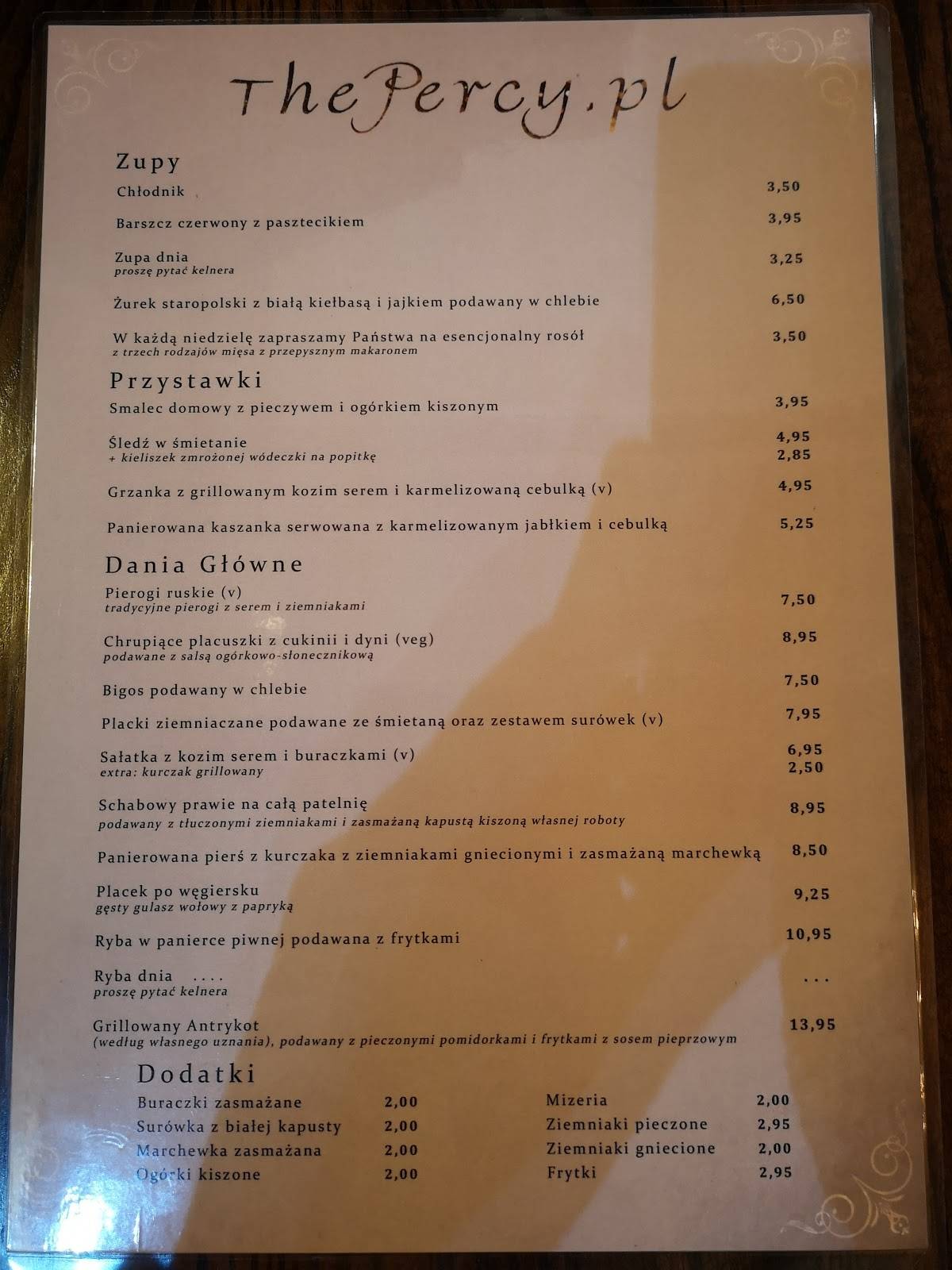 Menu at The Percy restaurant, Edinburgh