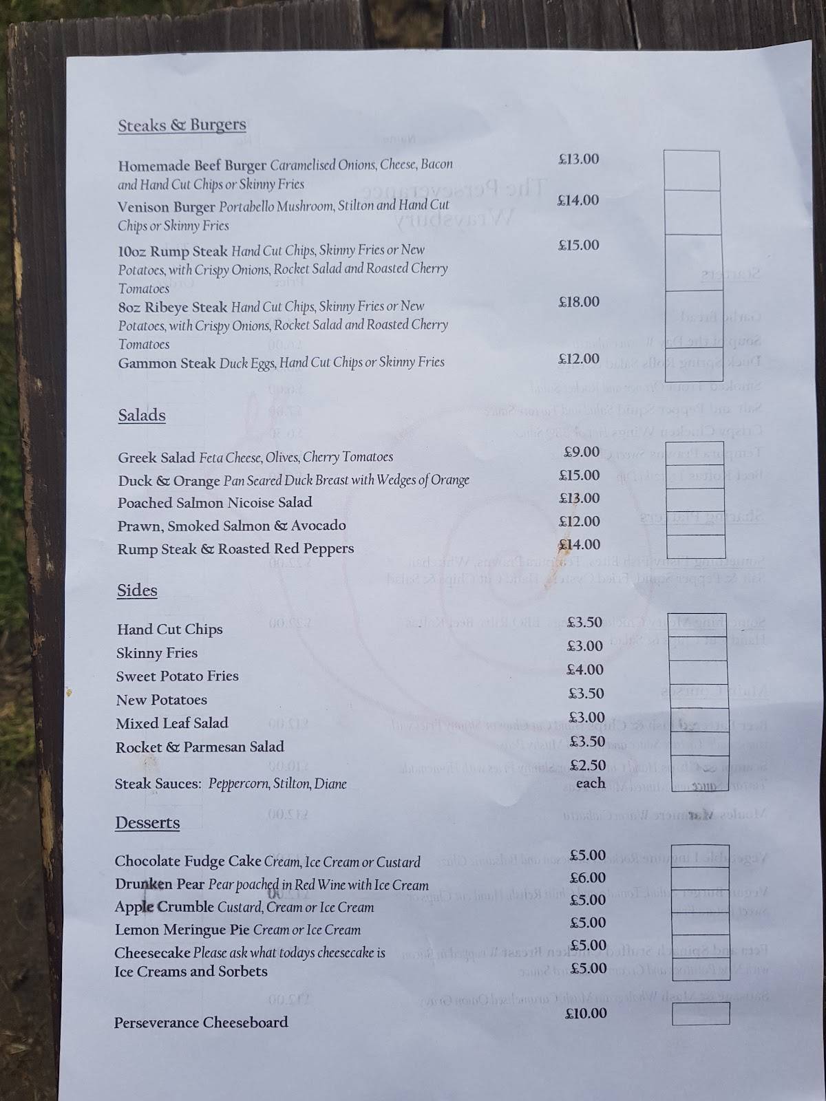 Menu at The Perseverance pub & bar, Wraysbury
