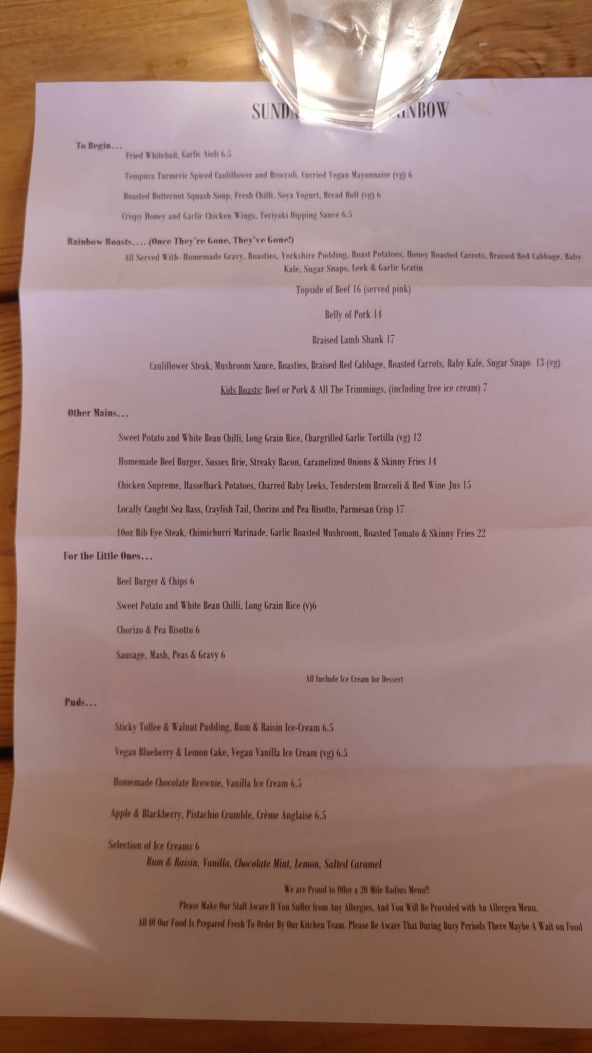 Menu at The Rainbow pub & bar, Eastbourne