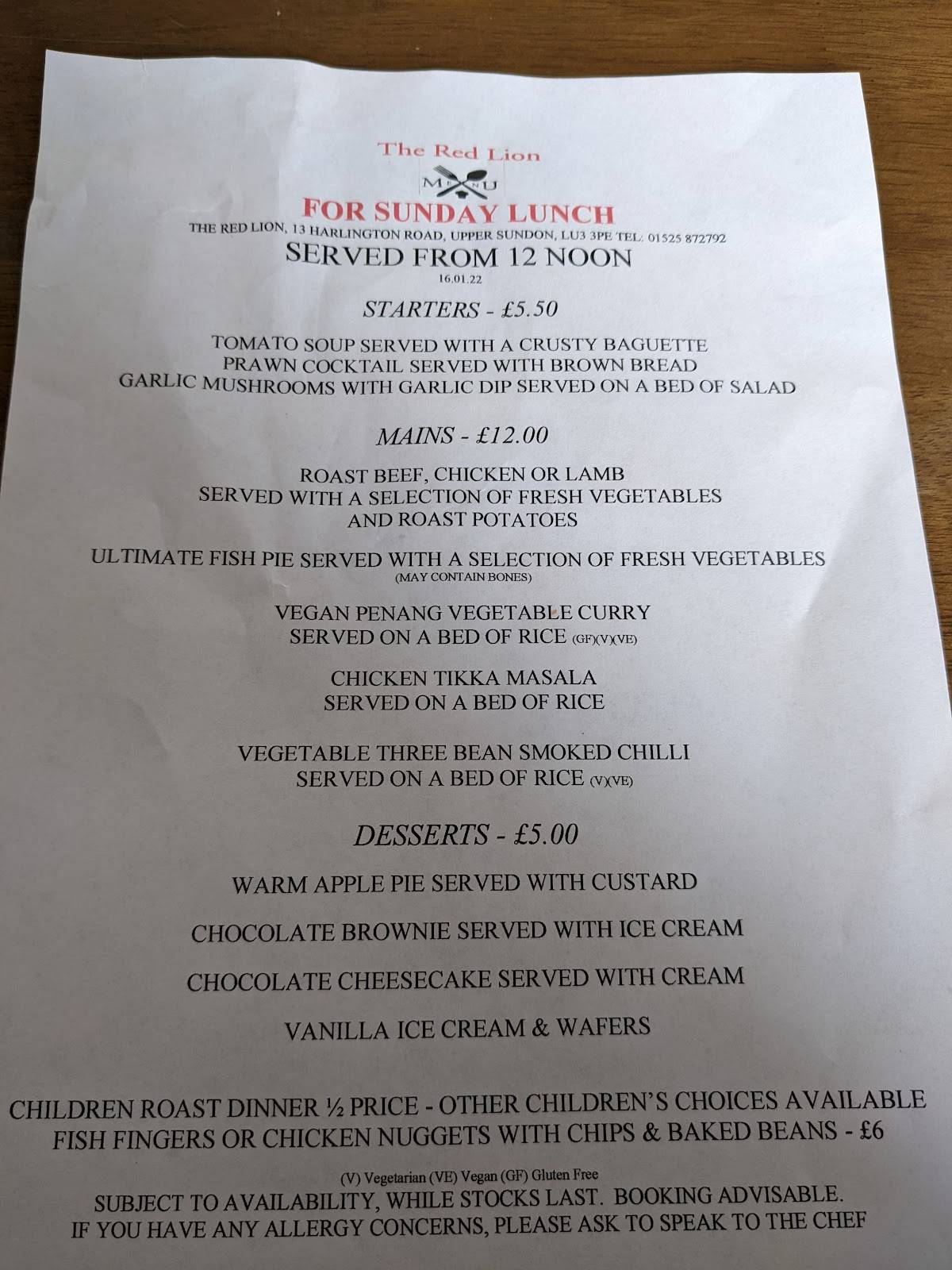 Menu at The Red Lion, Sundon pub & bar, Luton, 13 Harlington Rd