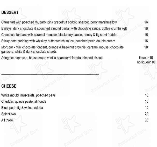 Menu at Rising Sun Inn restaurant, Kensington