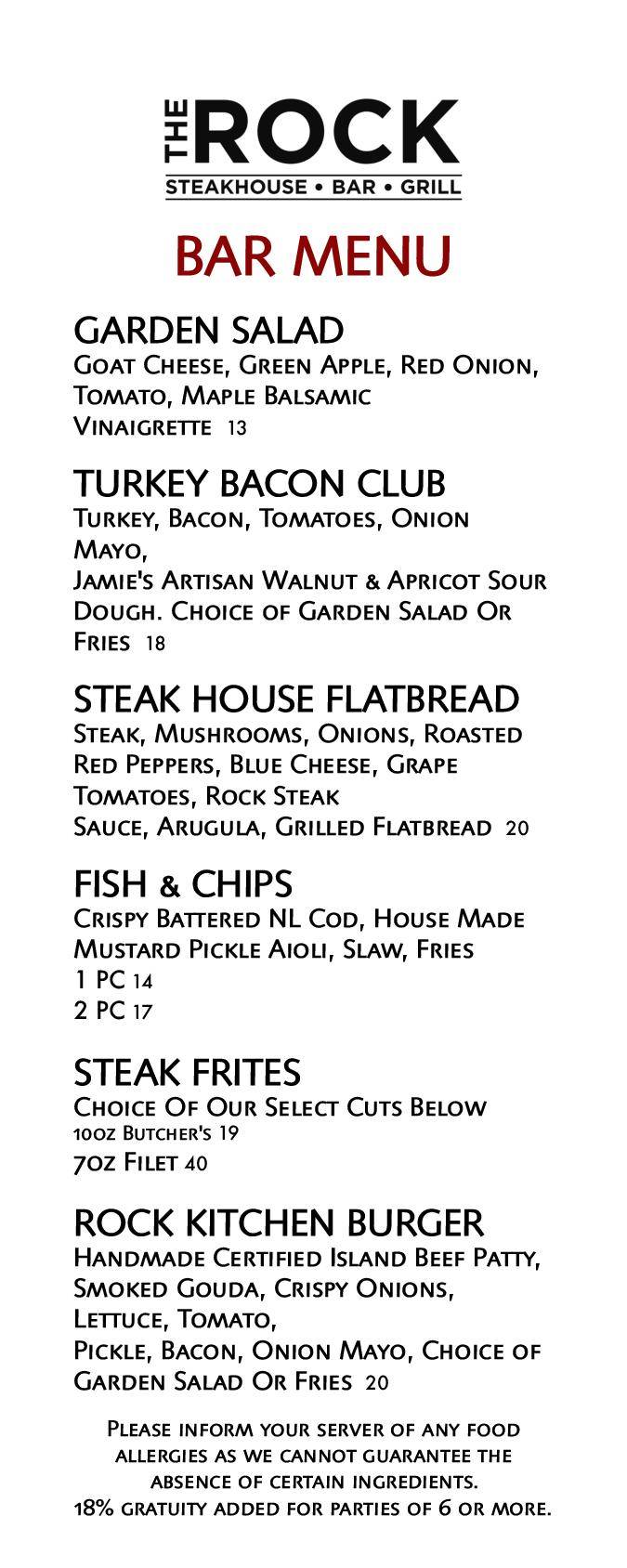 Menu at The Rock Steakhouse Bar & Grill, St. John's
