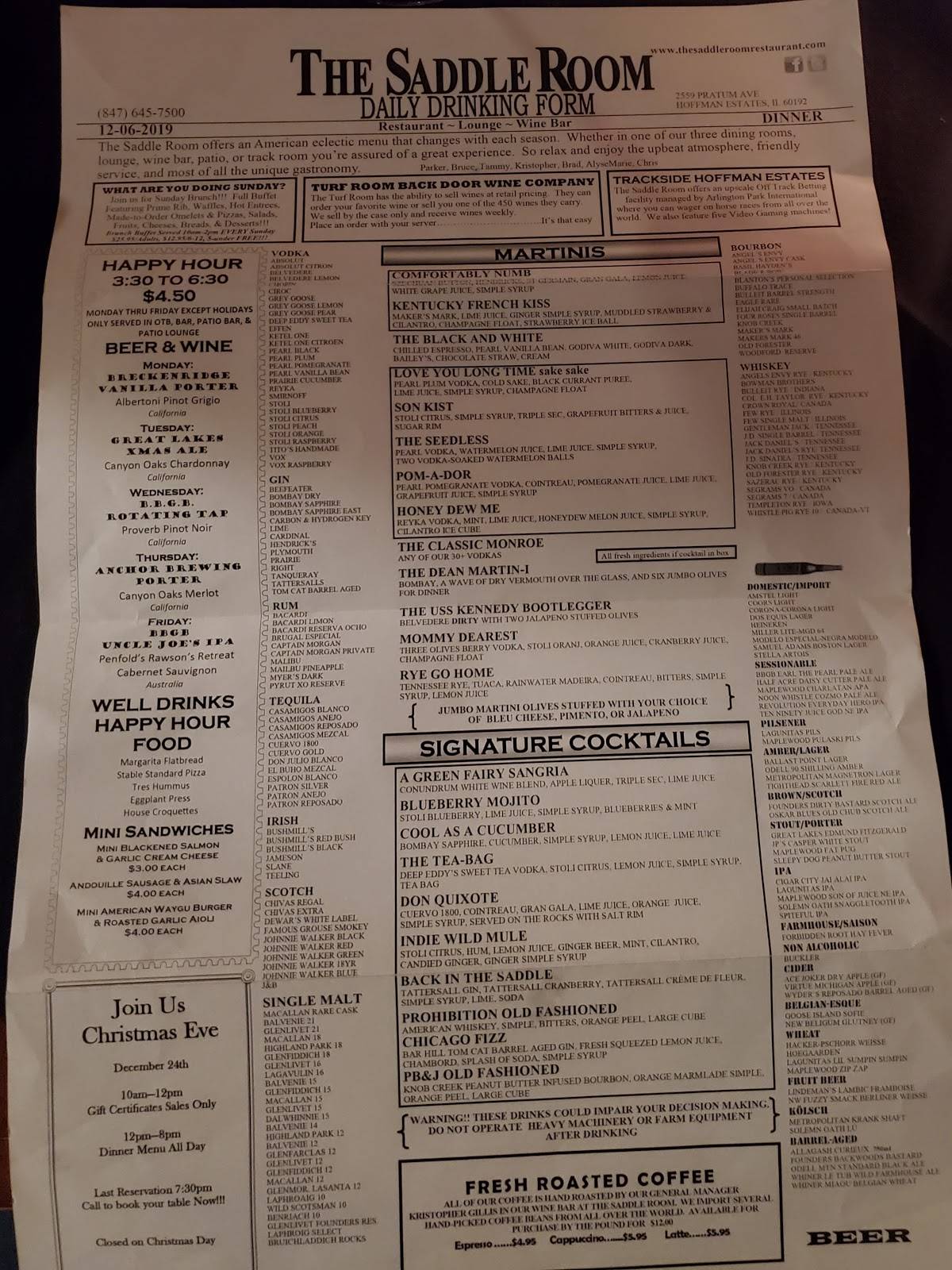 Menu at The Saddle Room pub & bar, Hoffman Estates