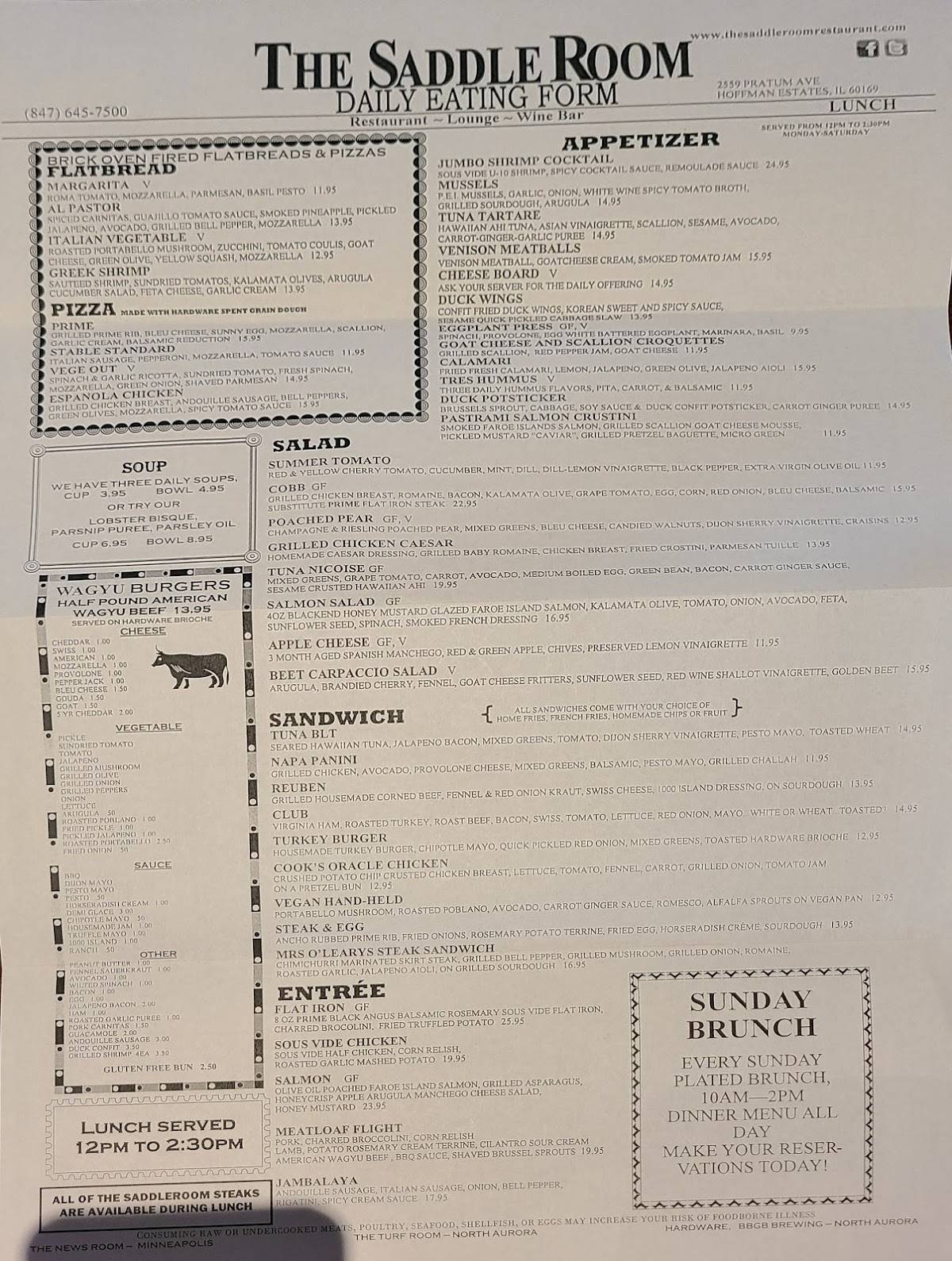 Menu at The Saddle Room pub & bar, Hoffman Estates