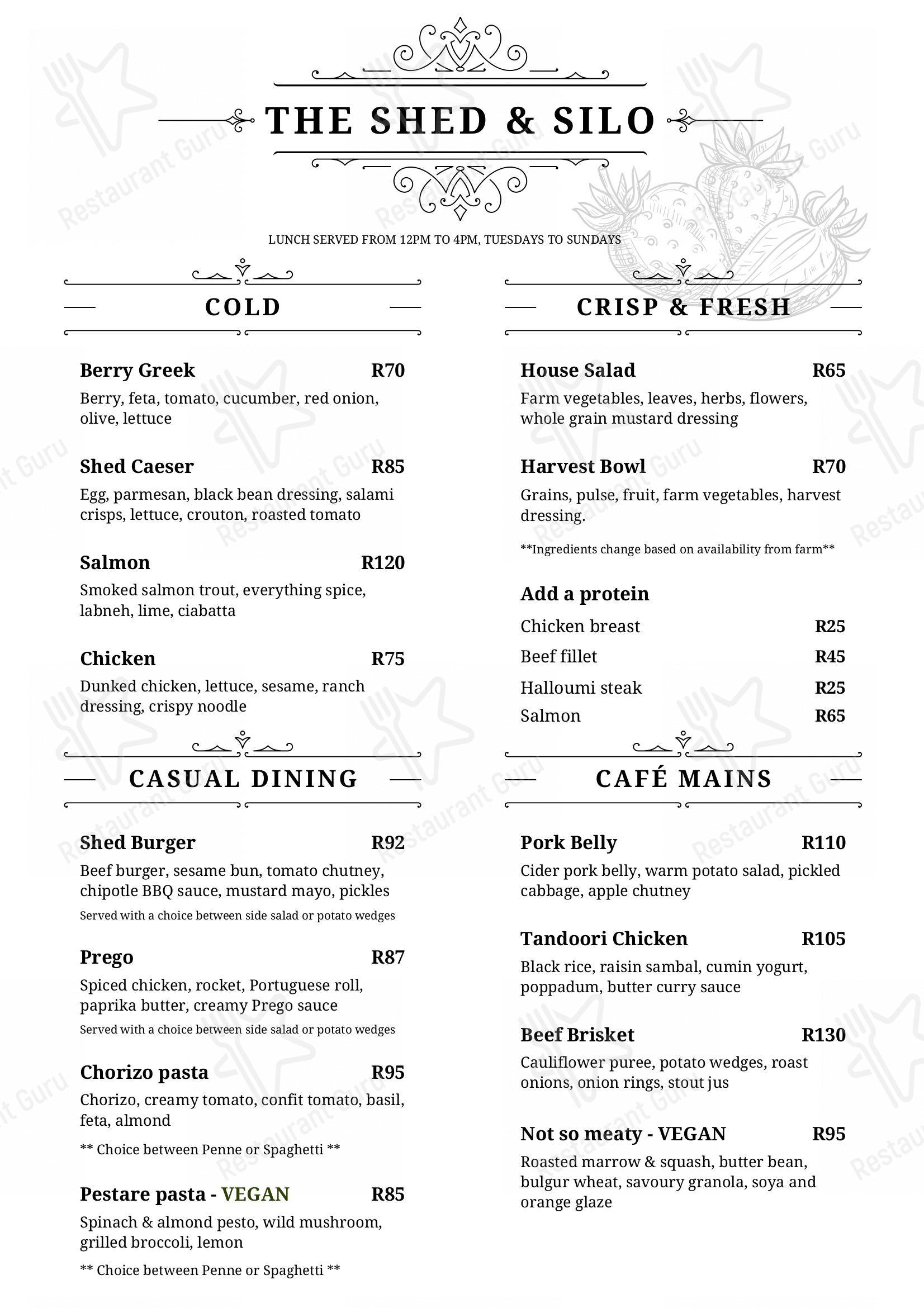 Menu at The Shed & Silo cafe, Benoni