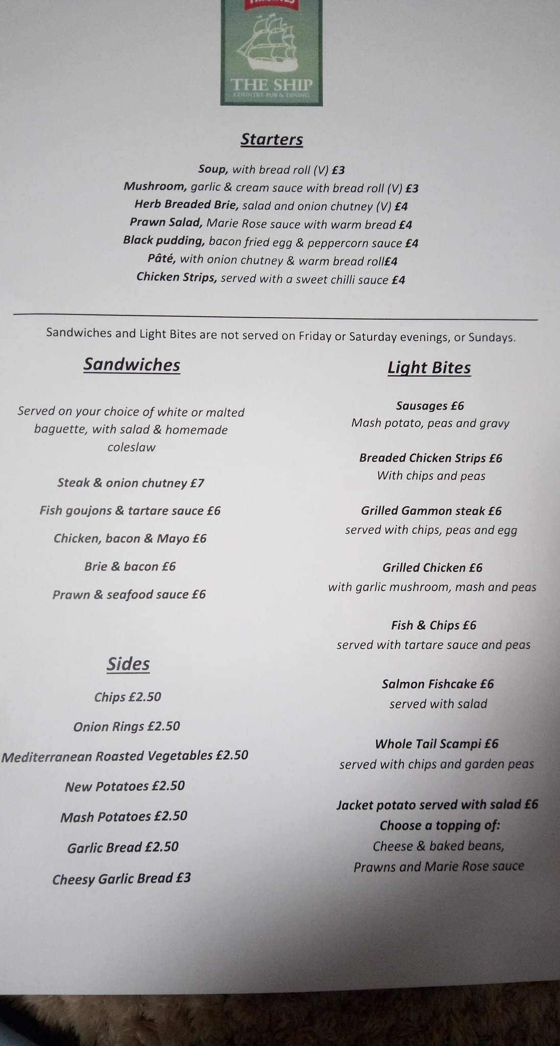 Menu at The Ship Inn pub & bar, Tean, Cheadle Rd