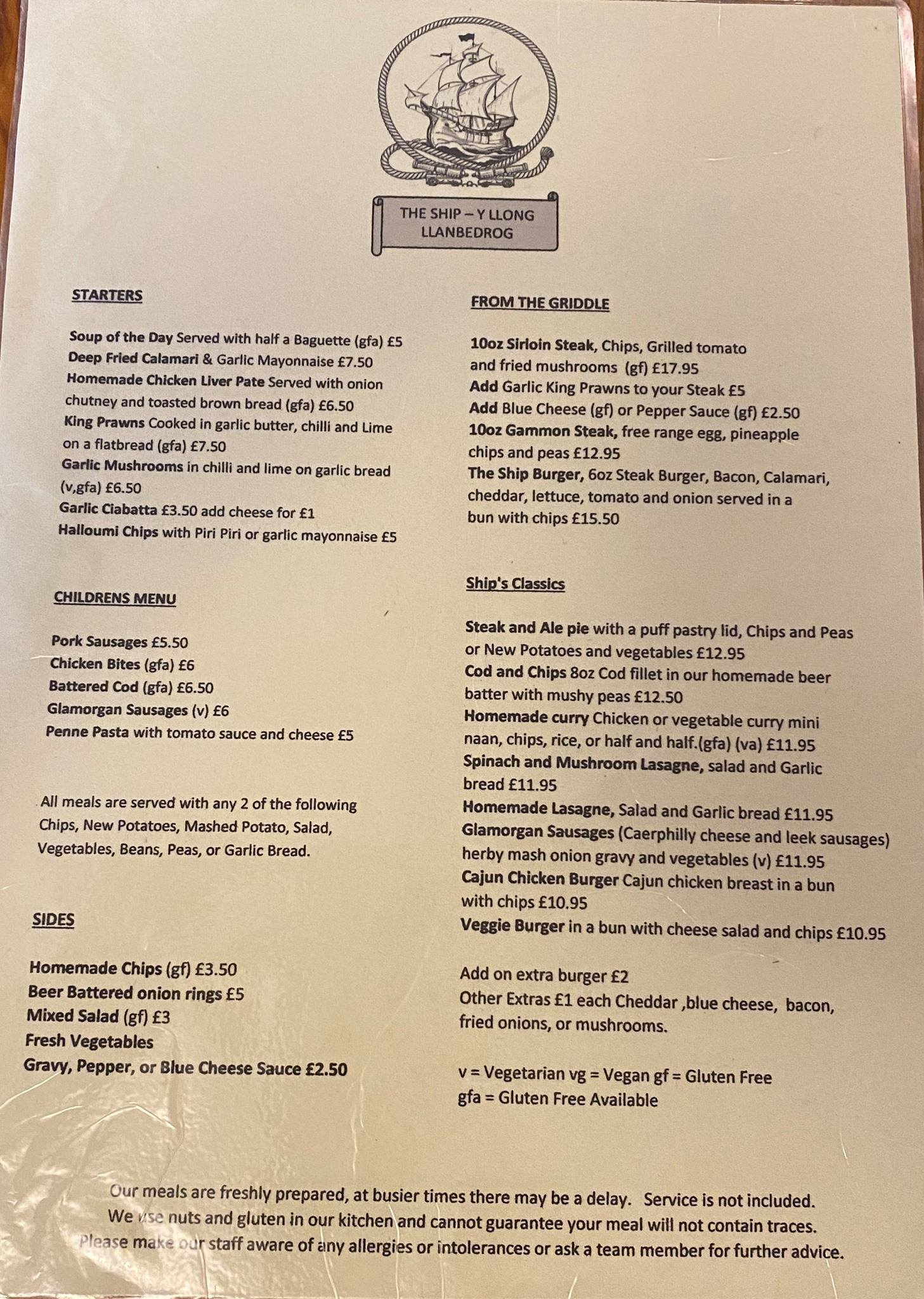 Menu at The Ship Inn pub & bar, Llanbedrog