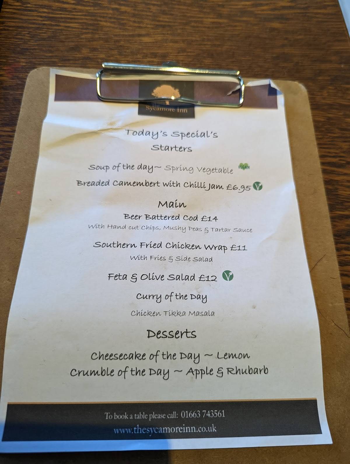 Menu at The Sycamore Inn pub & bar, Birch Vale