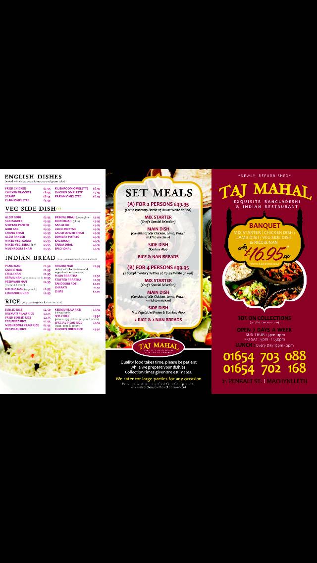 Menu at The Taj Mahal restaurant, Machynlleth
