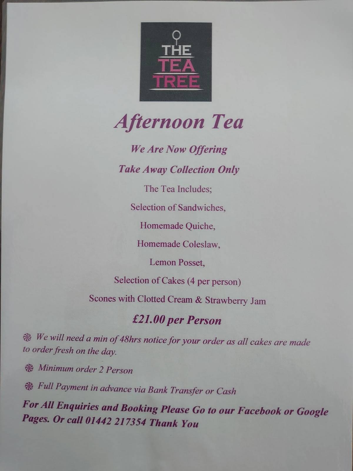 Menu at The Tea Tree cafe, Hemel Hempstead