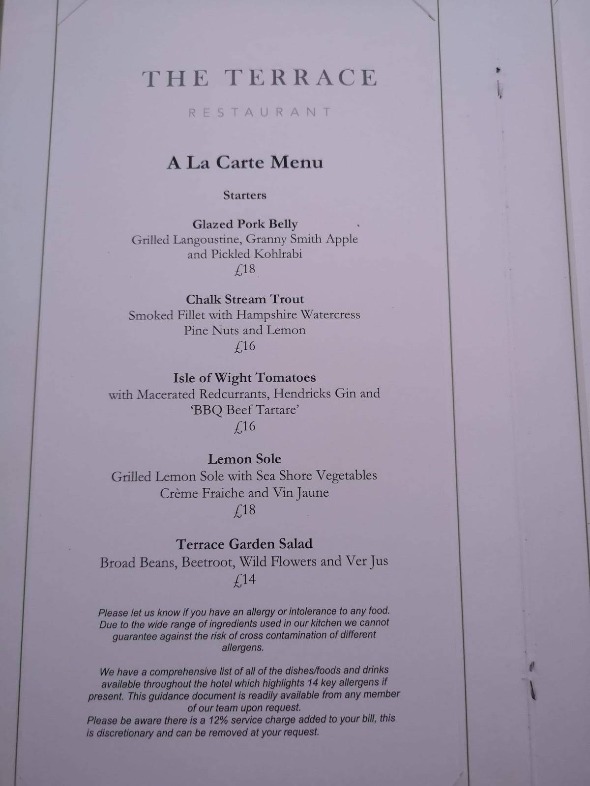 Menu at The Terrace Restaurant, Southampton, Palace Ln