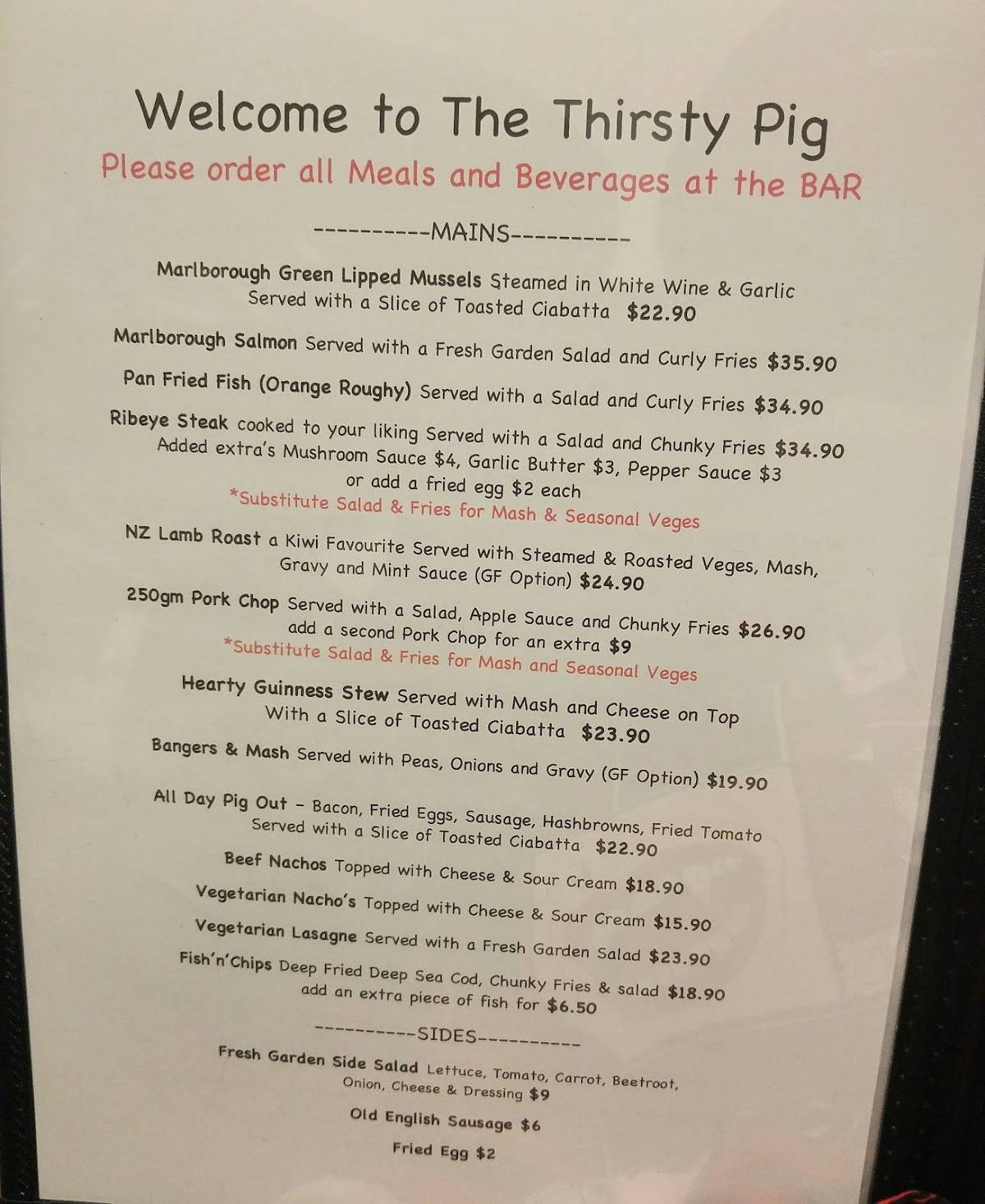 Menu at The Thirsty Pig Picton pub & bar, Picton