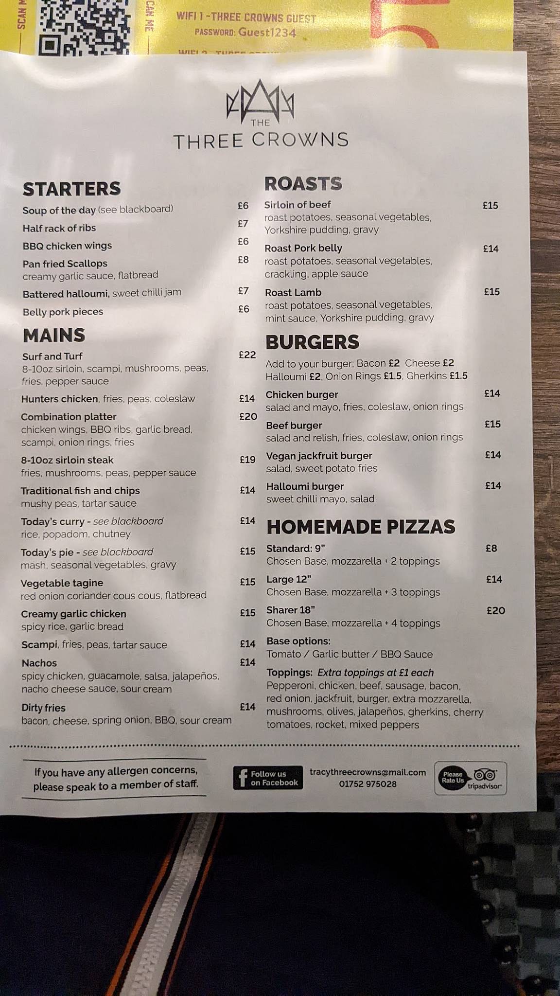 Menu at The Three Crowns pub & bar, Plymouth