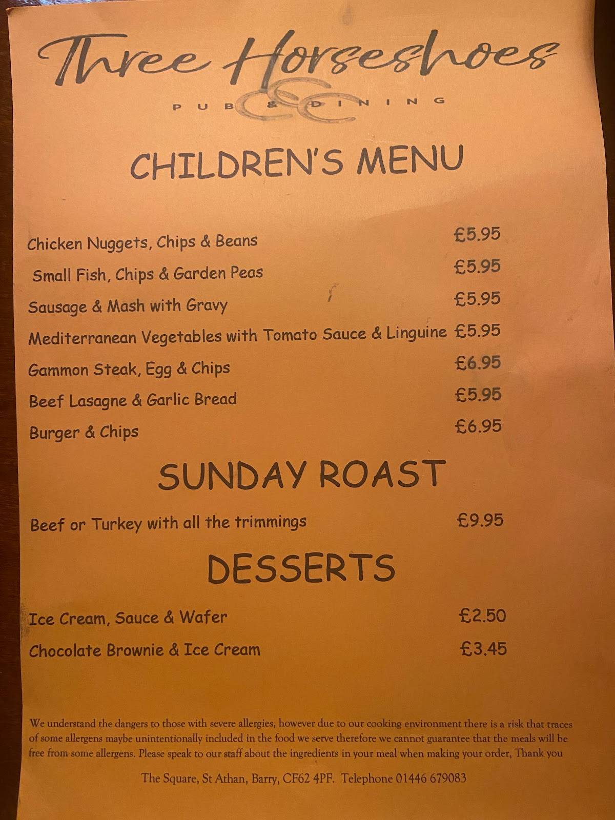 Menu at The Three Horseshoes pub & bar, Saint Athan