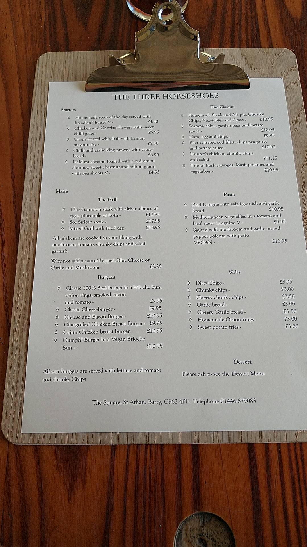 Menu at The Three Horseshoes pub & bar, Saint Athan