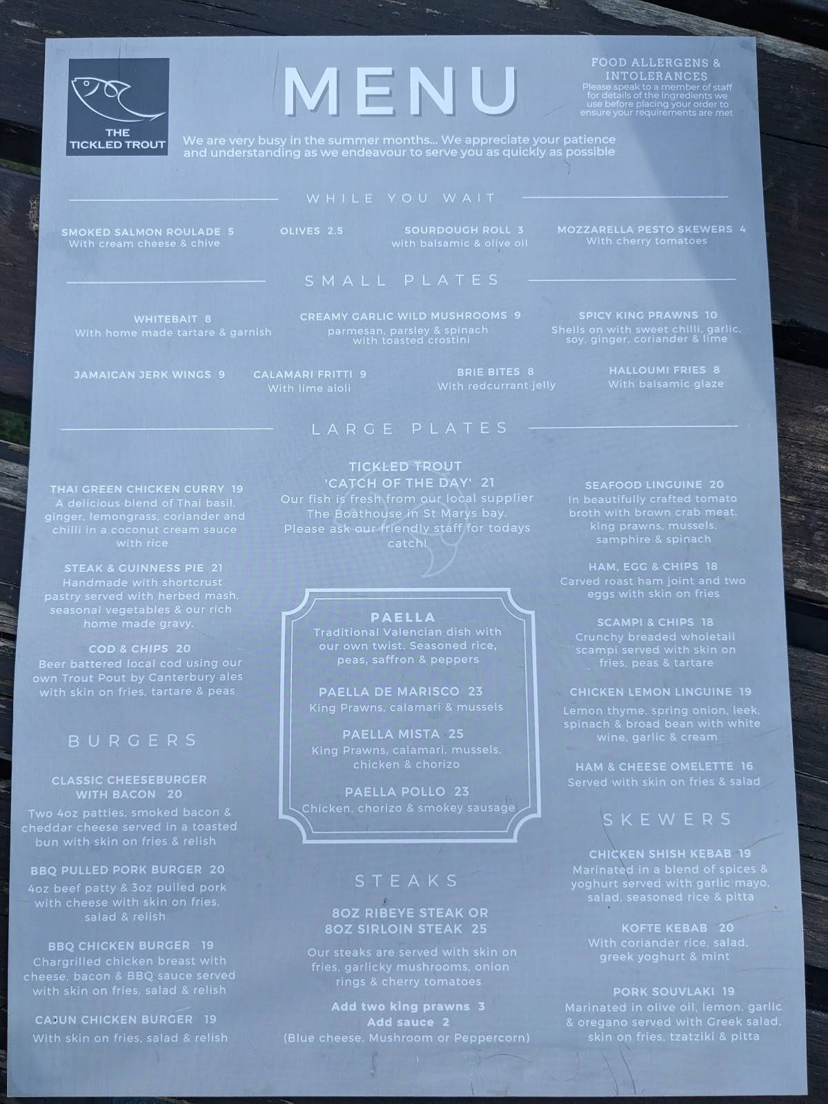 Menu at The Tickled Trout pub & bar, Wye