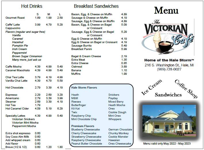 Menu at The Victorian Cafe, Hale
