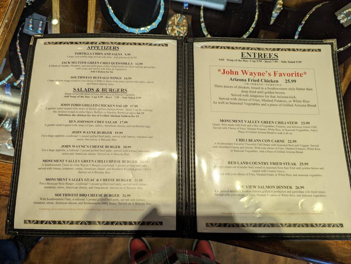 Menu at The View Restaurant, Oljato-Monument Valley
