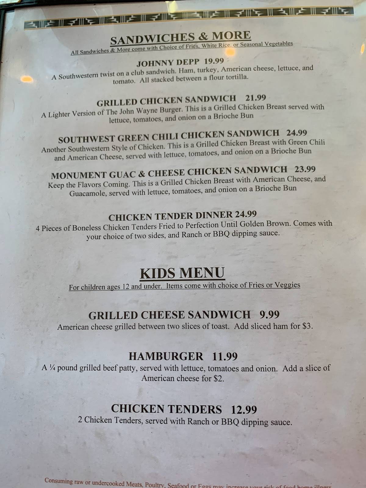 Menu at The View Restaurant, Oljato-Monument Valley