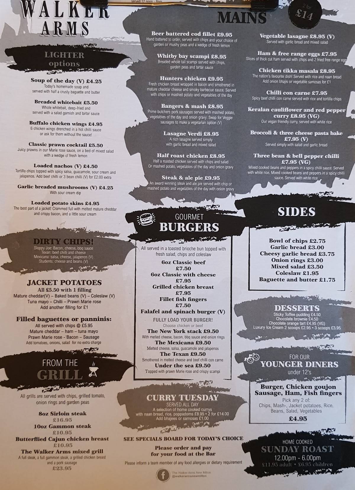 Menu at The Walker Arms pub & bar, New Milton
