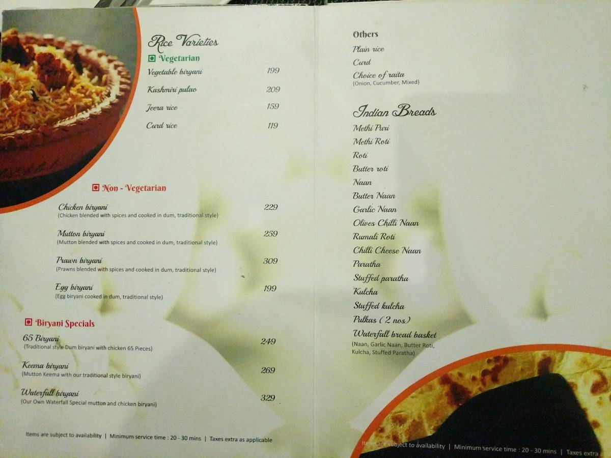 Menu at The Waterfall Restaurant, Chennai