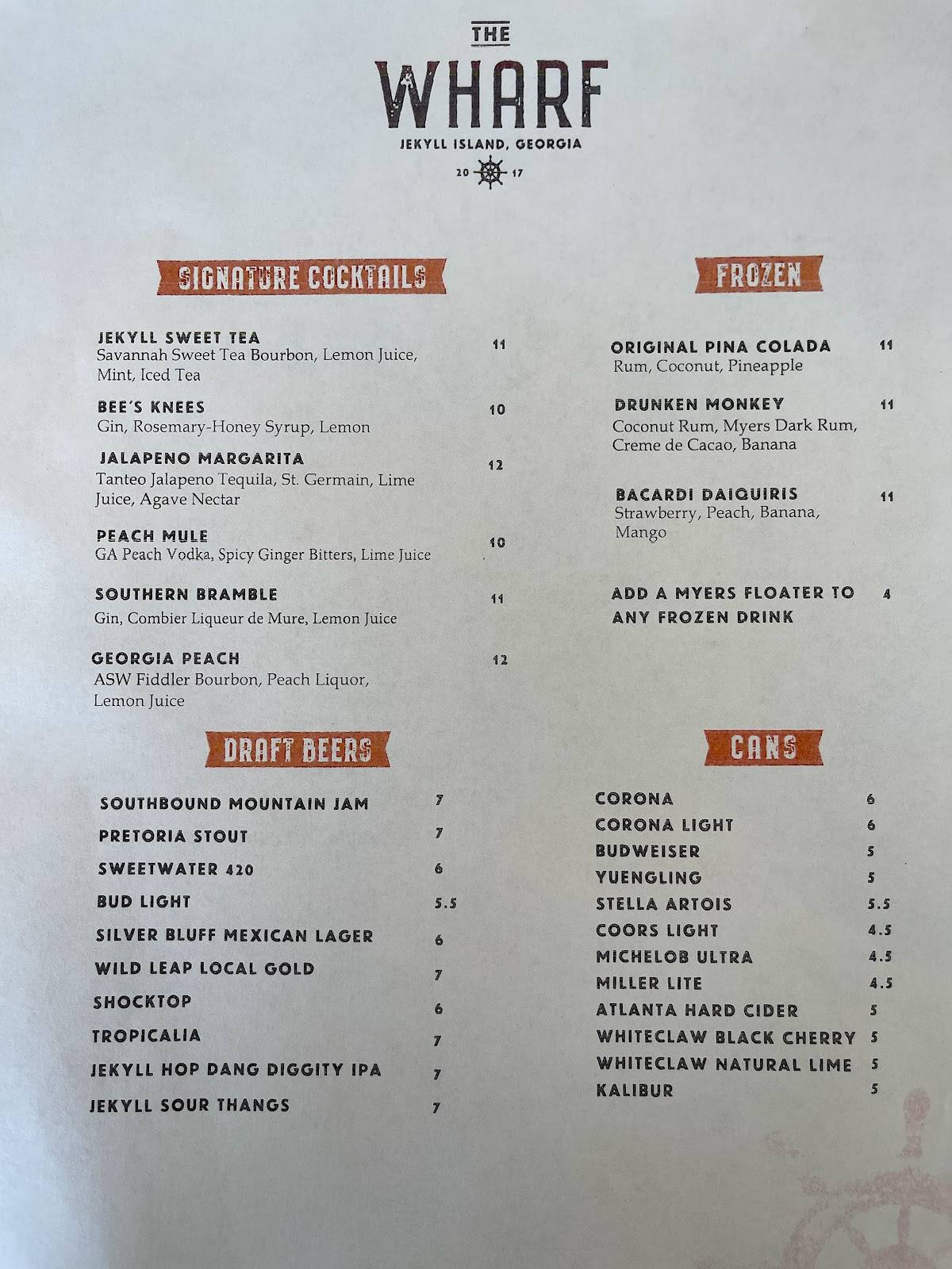 Menu at The Wharf restaurant, Jekyll Island