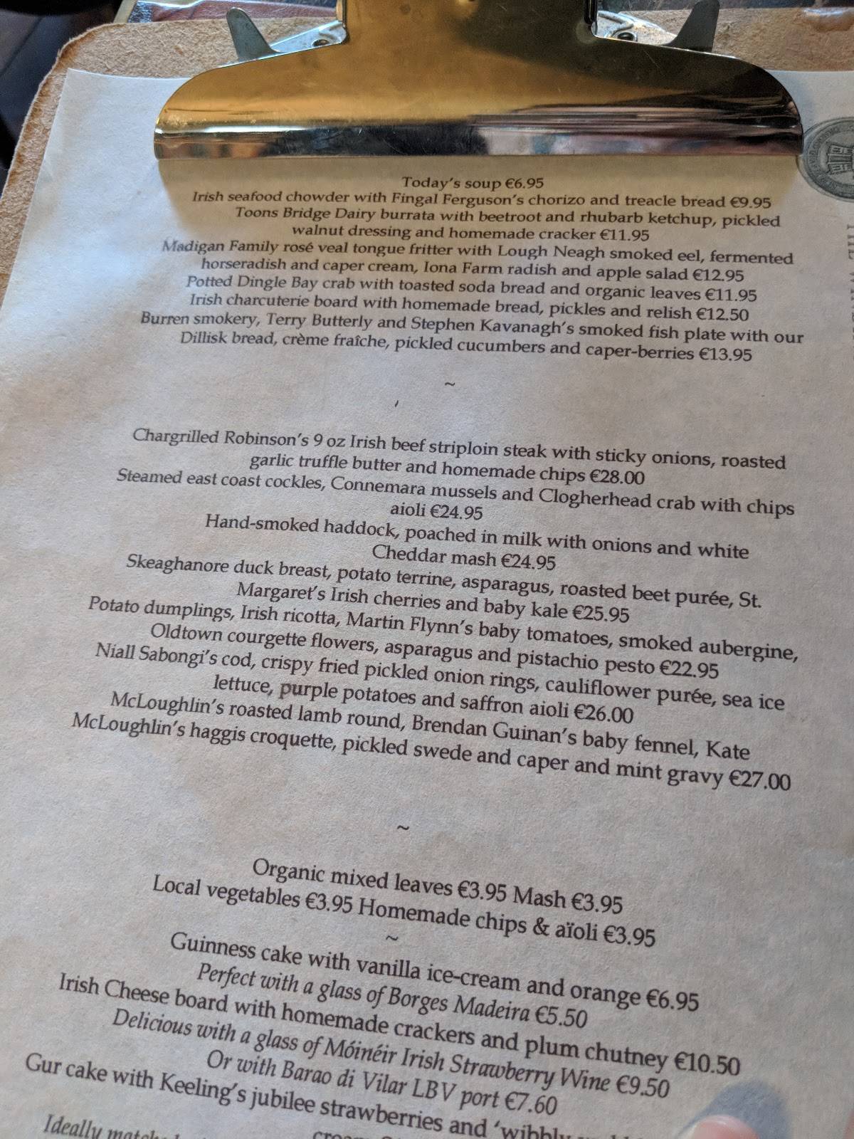 Menu at The Winding Stair restaurant, Dublin