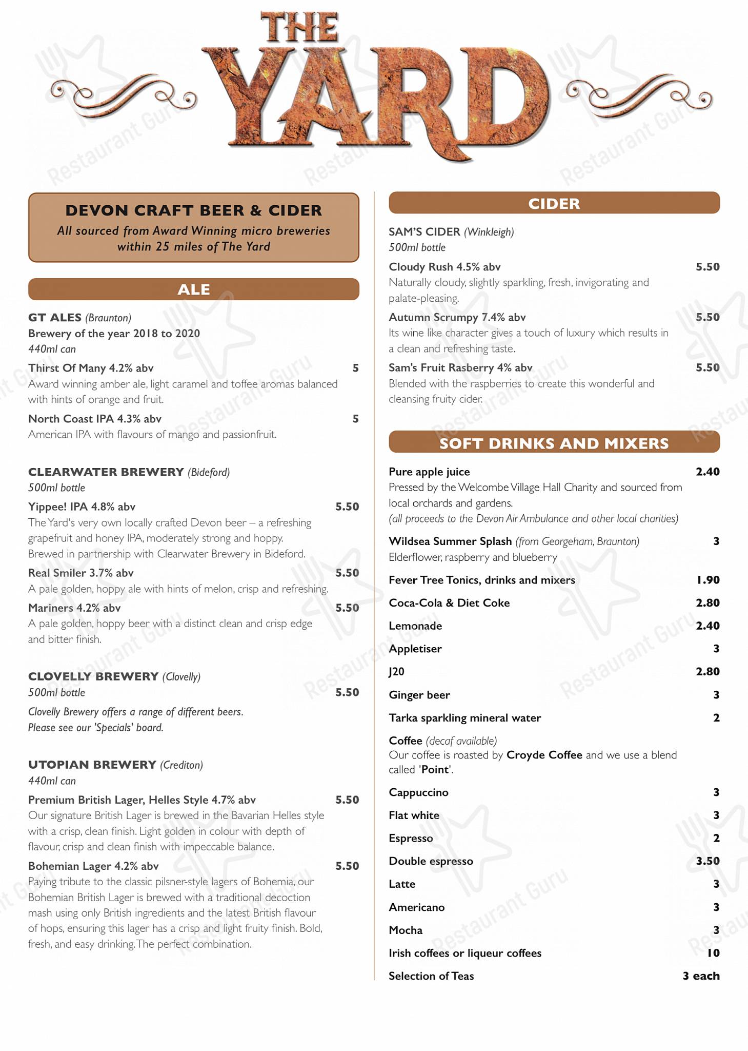 Menu at The Yard Appledore restaurant, Bideford