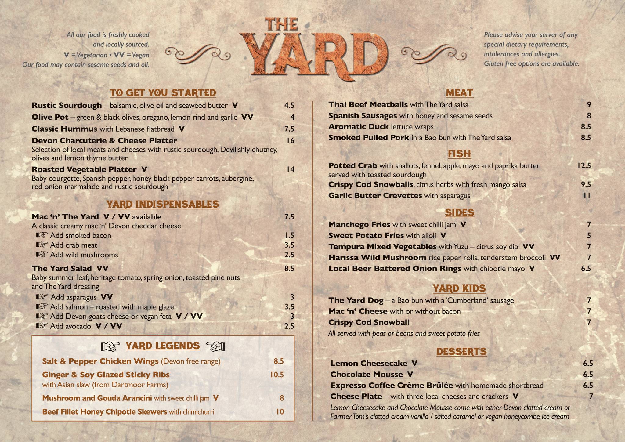 Menu at The Yard Appledore restaurant, Bideford