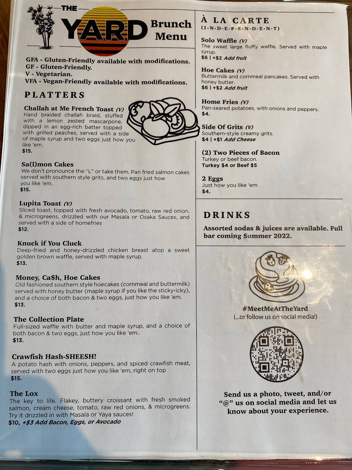Menu at The Yard restaurant, Newark