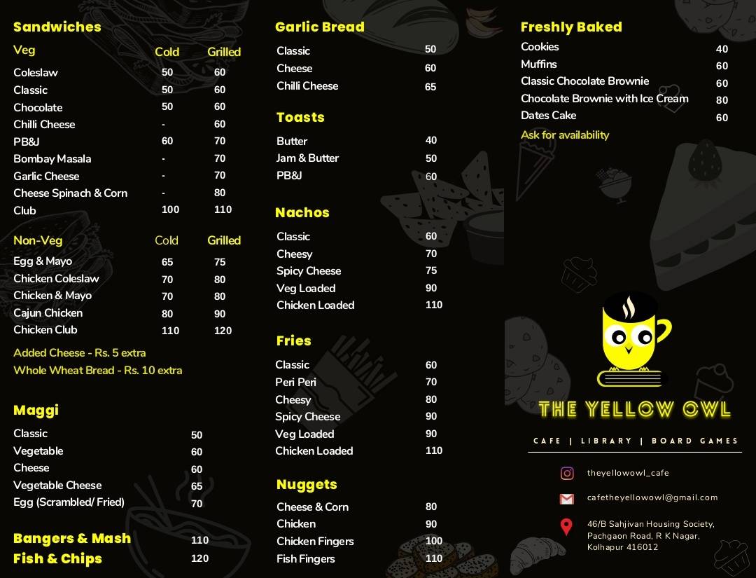 Menu at The Yellow Owl Cafe, Kolhapur