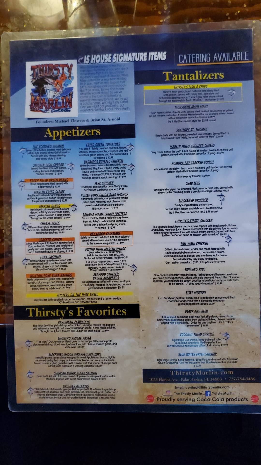 Menu at Thirsty Marlin restaurant, Palm Harbor, Florida Ave