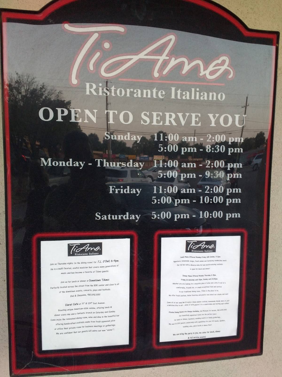 Menu at Ti Amo Ristorante Italiano restaurant, Tulsa, S Sheridan Rd A
