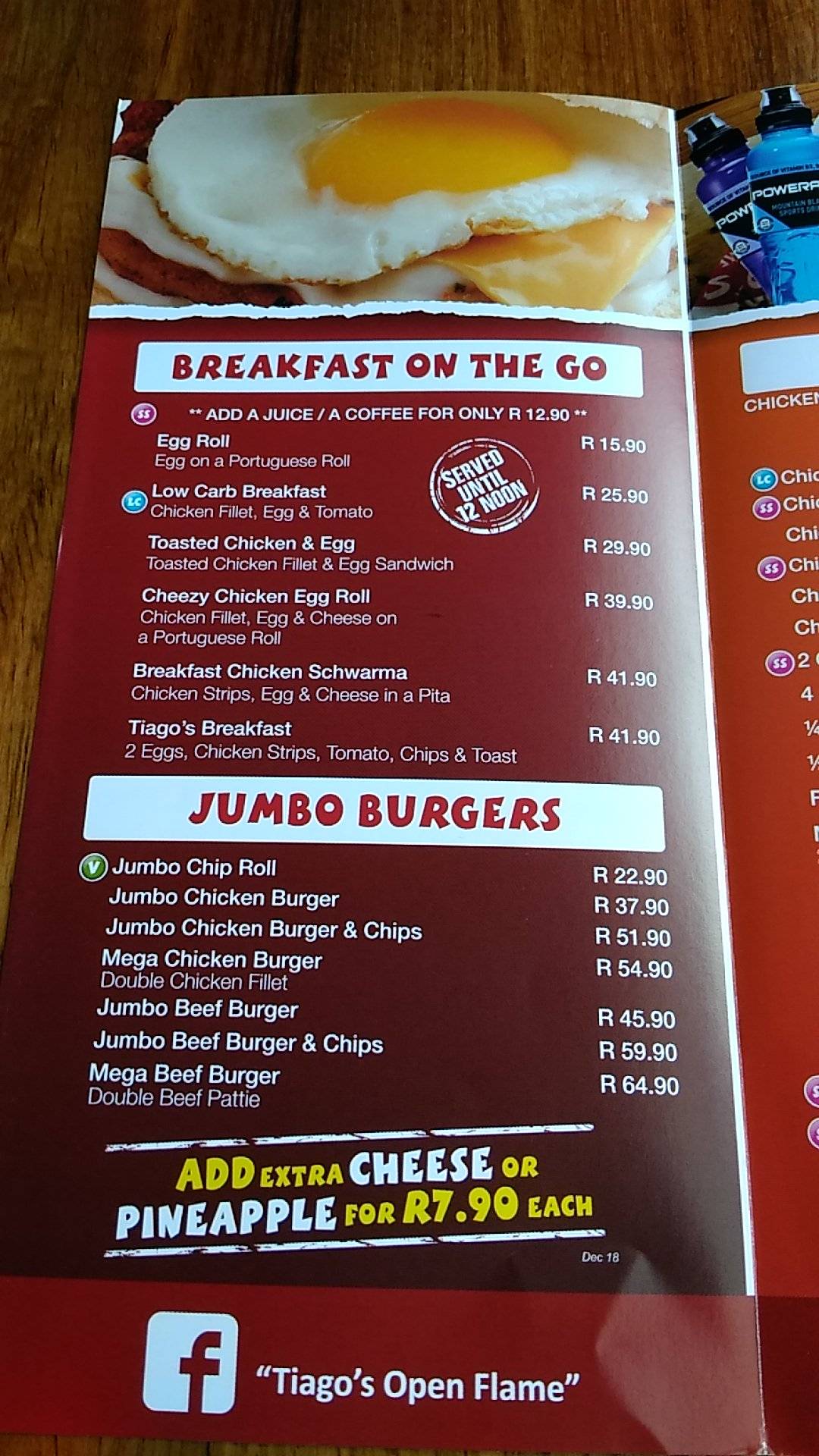 Menu at Tiago's Durban North restaurant, Durban North