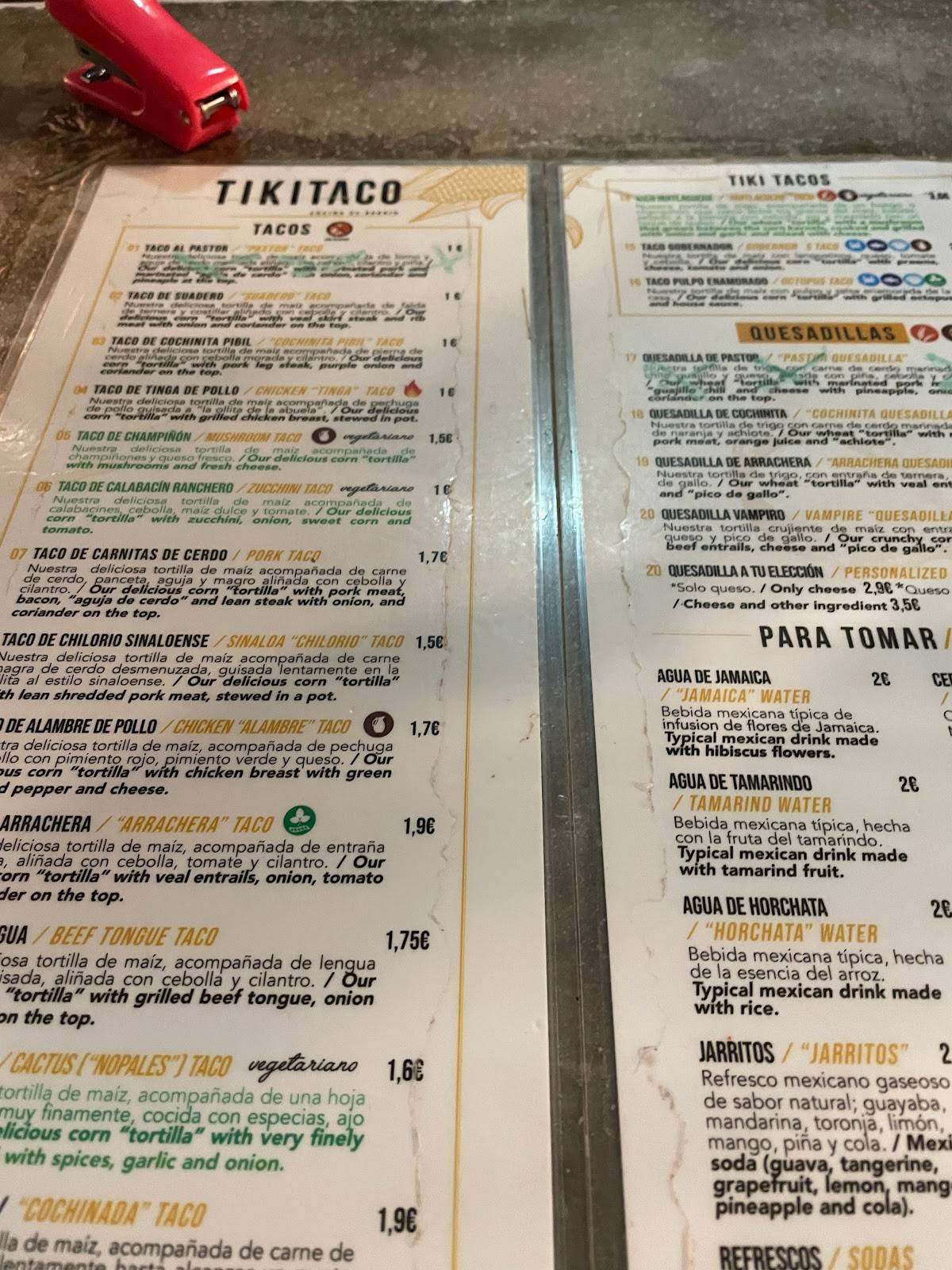 Menu at Tiki Taco San Bernardo restaurant, Madrid
