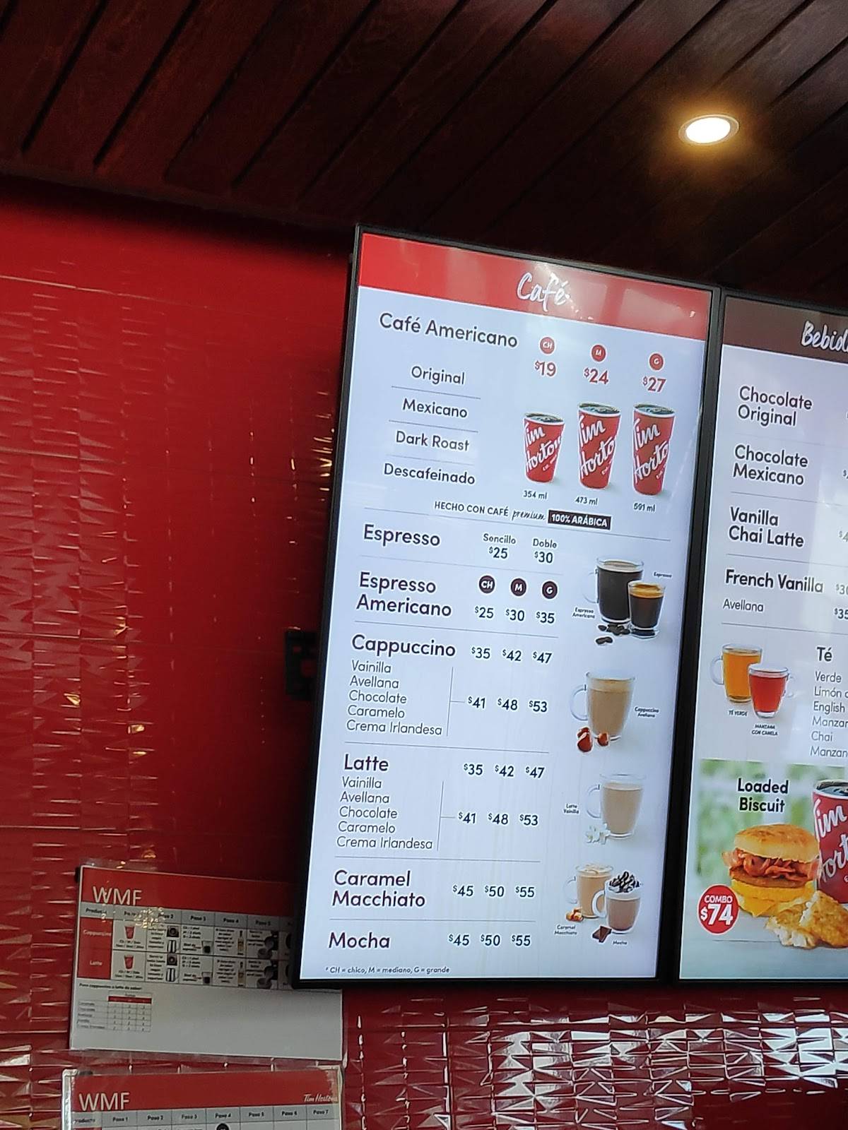 Menu at Tim Hortons cafeteria, Monterrey, Av. Eugenio Garza Sada 3820