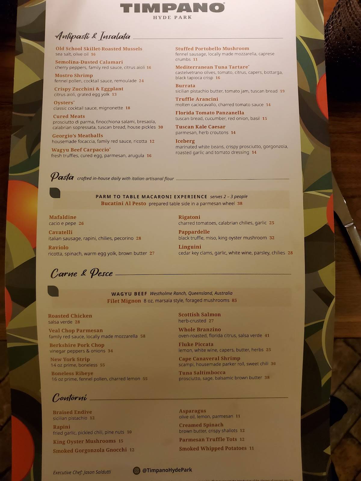Carta del pub y bar Timpano Hyde Park, Tampa