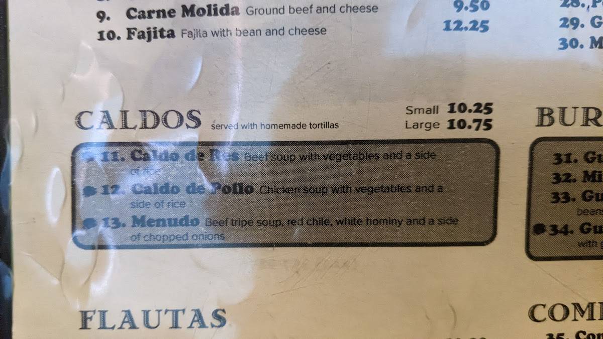 Menu at Tipico's restaurant, Dallas