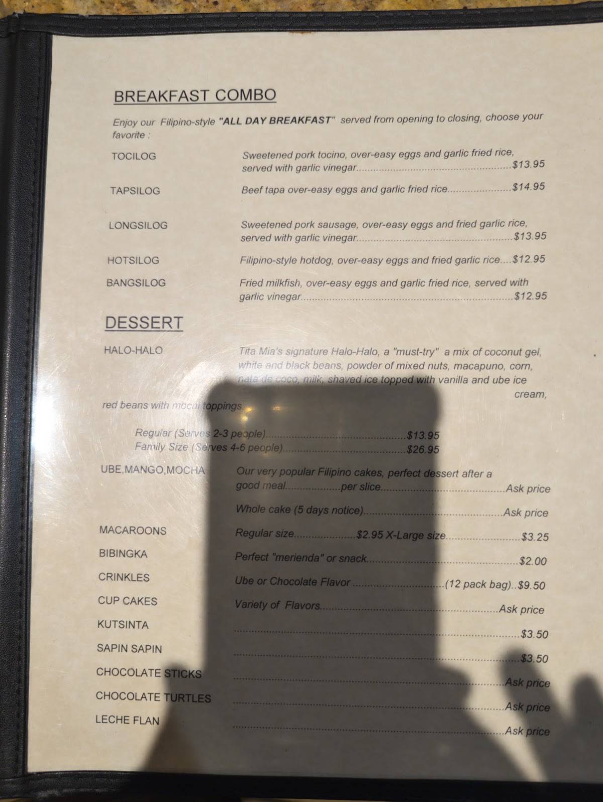 Menu at Tita Mia's Filipino Restaurant & Cafe, Niles